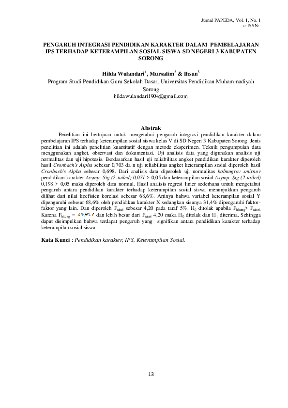 (PDF) Pengaruh Integrasi Pendidikan Karakter dalam Pembelajaran IPS terhadap Keterampilan Sosial ...