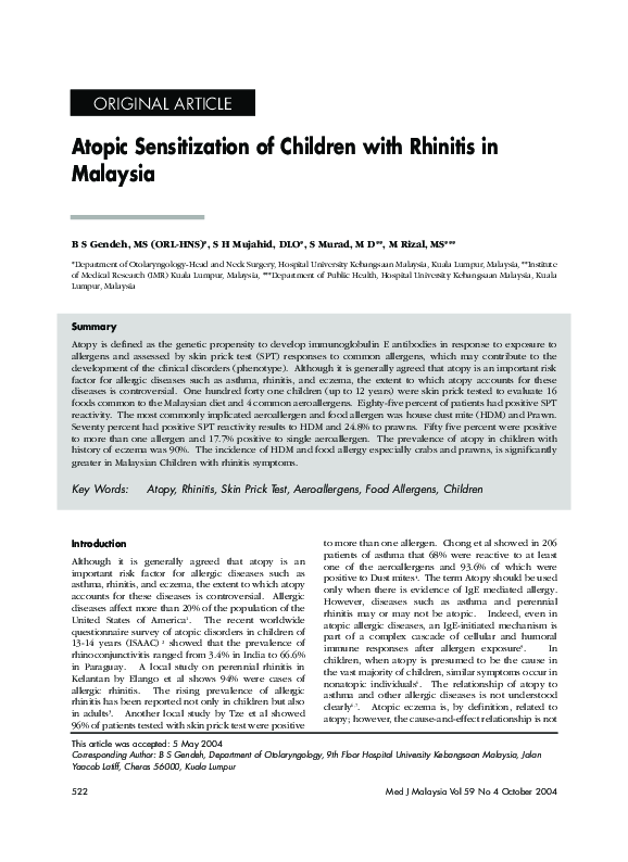 (PDF) Atopic sensitization of children with rhinitis in Malaysia