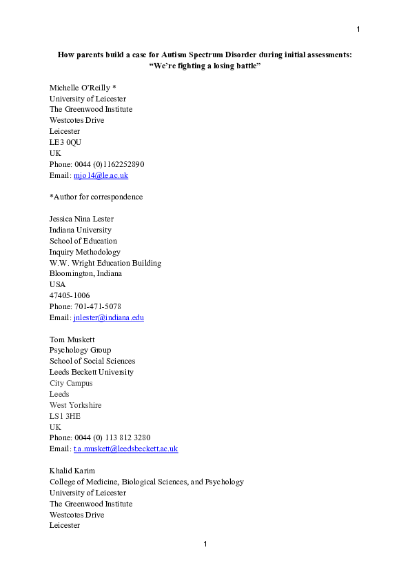 (PDF) How parents build a case for Autism Spectrum Disorder during ...