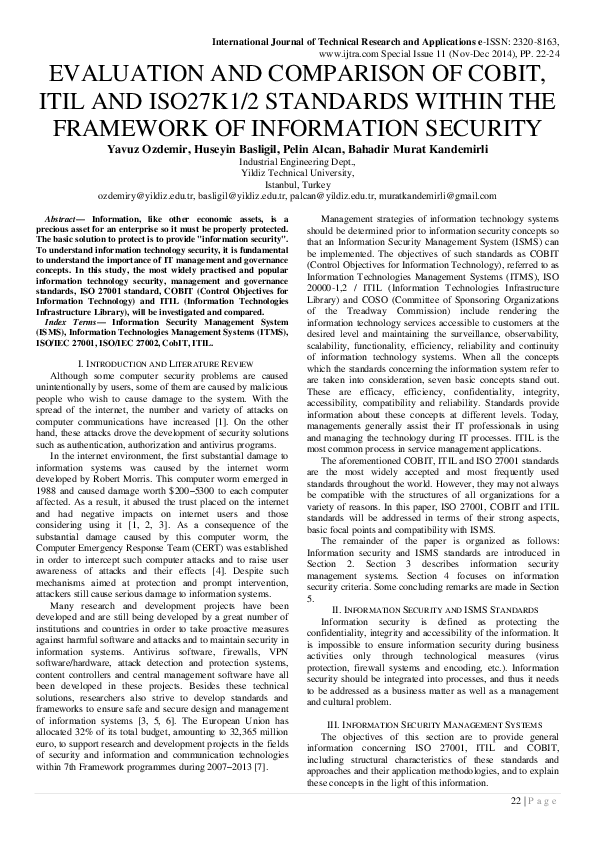 Pdf Evaluation And Comparison Of Cobit Itil And Iso27k1 2 Standards Within The Framework Of