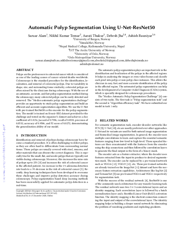 Pdf Automatic Polyp Segmentation Using U Net Resnet50