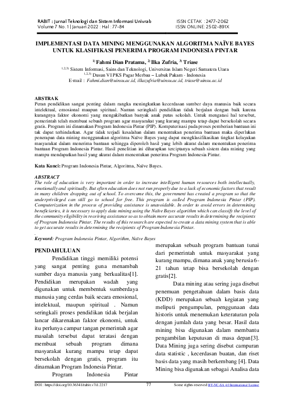 Pdf Implementasi Data Mining Menggunakan Algoritma Naïve Bayes Untuk Klasifikasi Penerima
