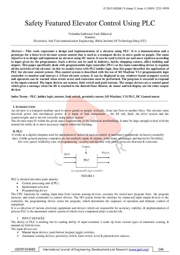 (PDF) Safety Featured Elevator Control Using PLC