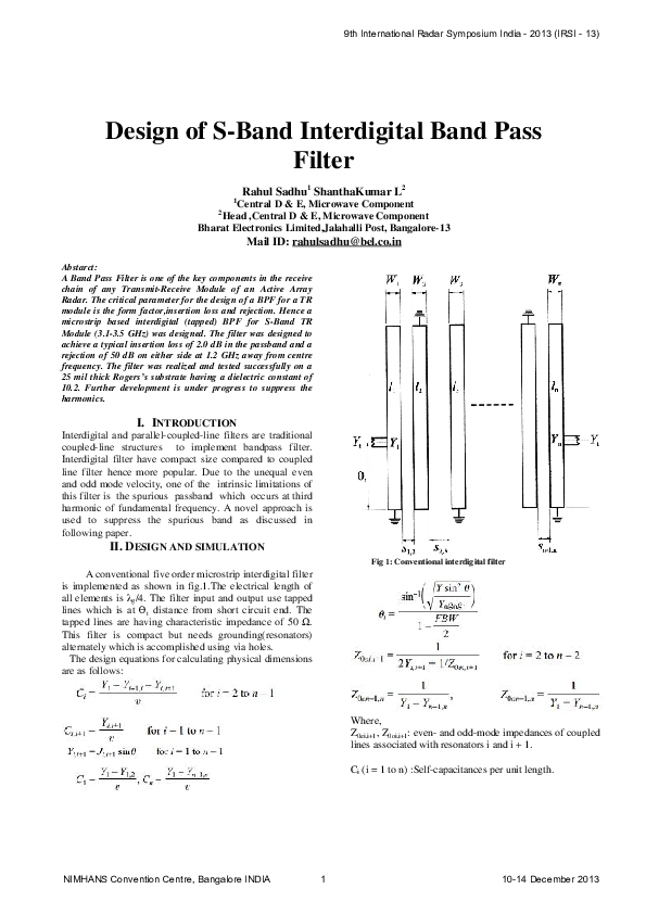 (PDF) Design of S-Band Interdigital Band Pass Filter