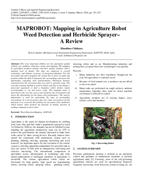 (PDF) MAPROBOT: Mapping in Agriculture Robot Weed Detection and Herbicide Sprayer– A Review