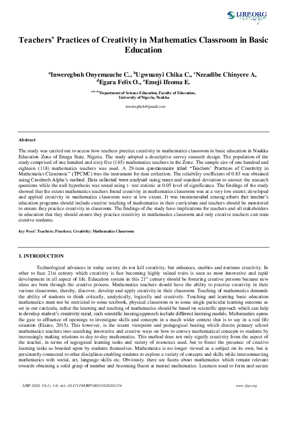 (PDF) Teachers' Practices of Creativity in Mathematics Classroom in ...