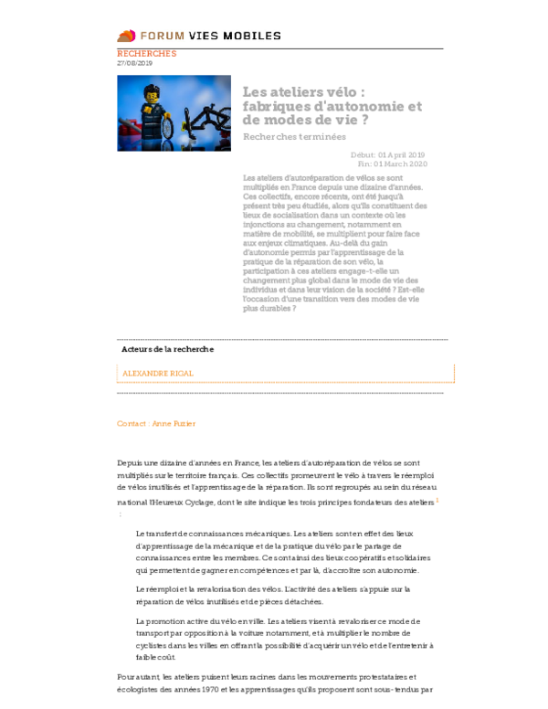 (PDF) Rigal Alexandre, les ateliers vélo, fabriques d'autonomie et de ...