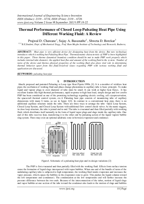Pdf Thermal Performance Of Closed Loop Pulsating Heat Pipe Using