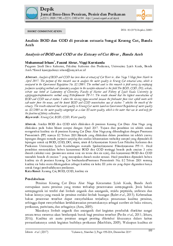 (PDF) Analisis BOD dan COD di perairan estuaria Krueng Cut, Banda Aceh