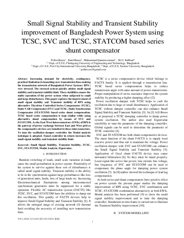 (PDF) Small Signal Stability and Transient Stability improvement of Bangladesh Power System ...