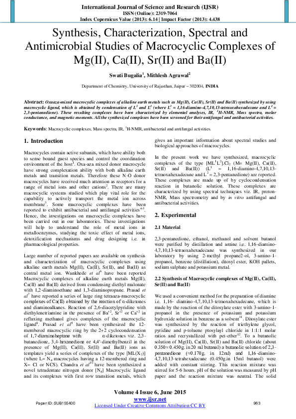 (PDF) Synthesis, Characterization, Spectral and Antimicrobial Studies of Macrocyclic Complexes ...