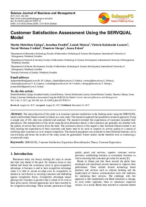 (PDF) Customer Satisfaction Assessment Using the SERVQUAL Model