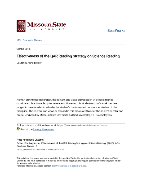 (PDF) Effectiveness of the QAR Reading Strategy on Science Reading