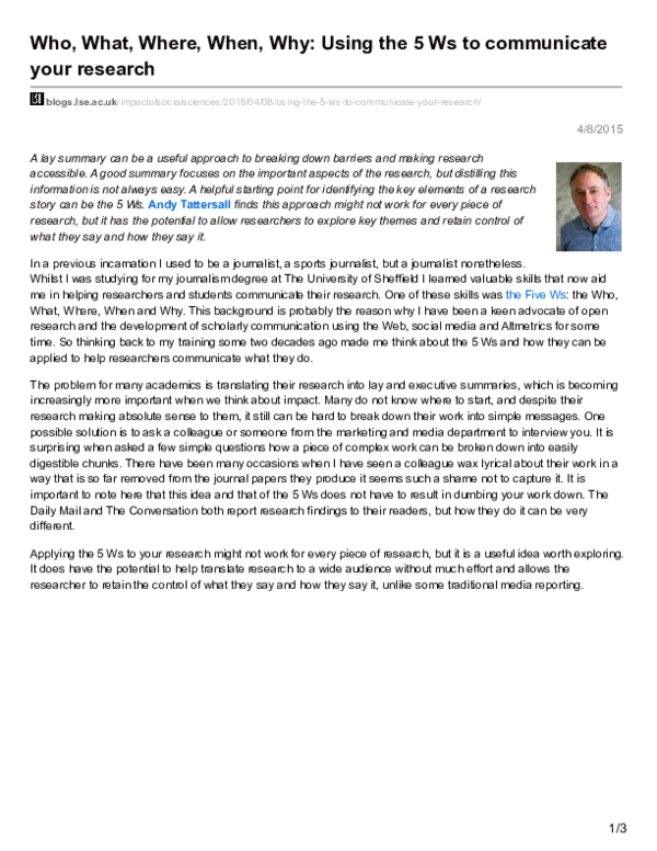(PDF) Who, What, Where, When, Why: Using the 5 Ws to communicate your ...