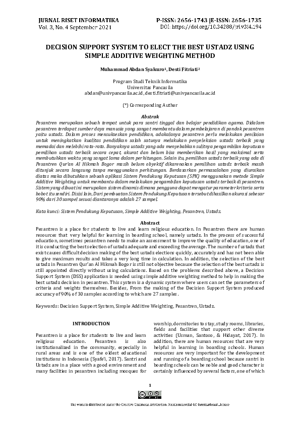 (PDF) Decision Support System to Elect the Best Ustadz Using Simple ...