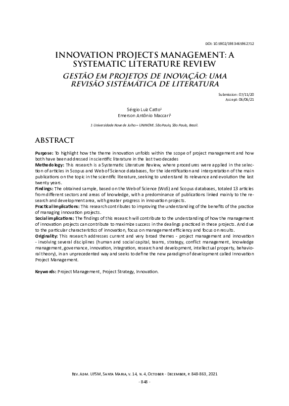 (PDF) Innovation projects management: a systematic literature review