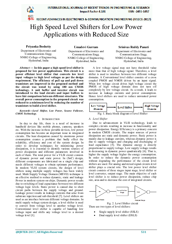 (PDF) High Speed Level Shifters for Low Power Applications with Reduced Size