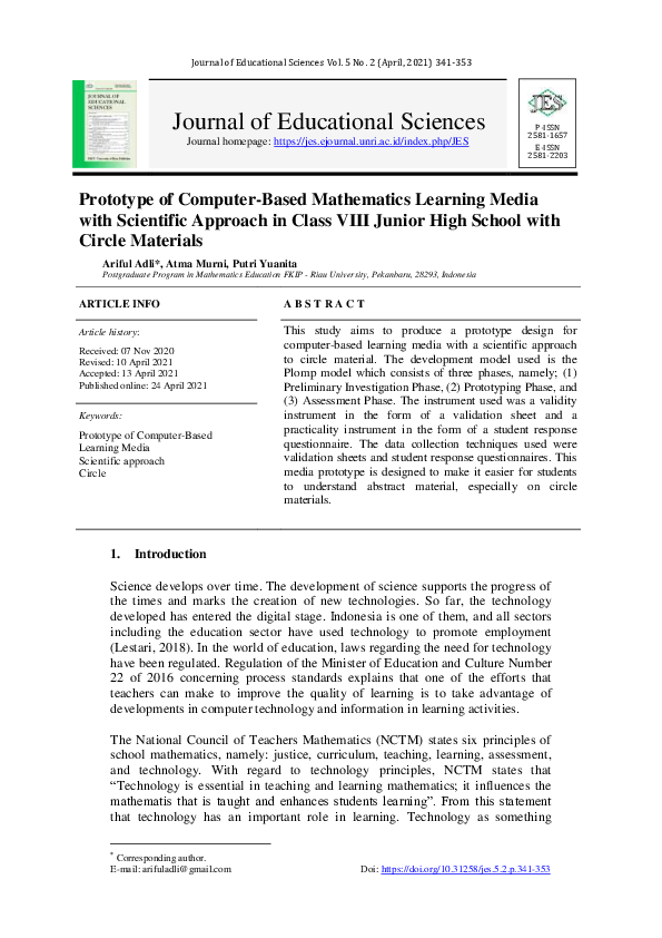 Pdf Prototype Of Computer Based Mathematics Learning Media With Scientific Approach In Class