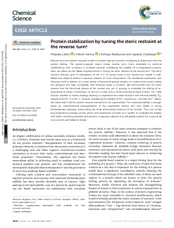 (PDF) Protein stabilization by tuning the steric restraint at the ...