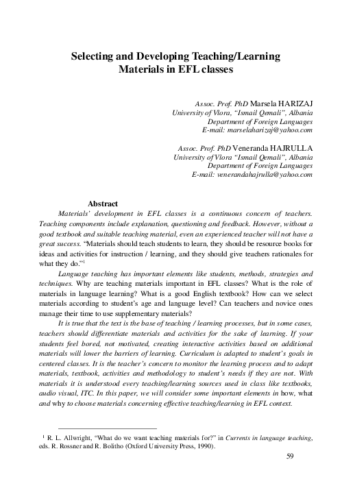 (PDF) Selecting and Developing Teaching/Learning Materials in EFL classes