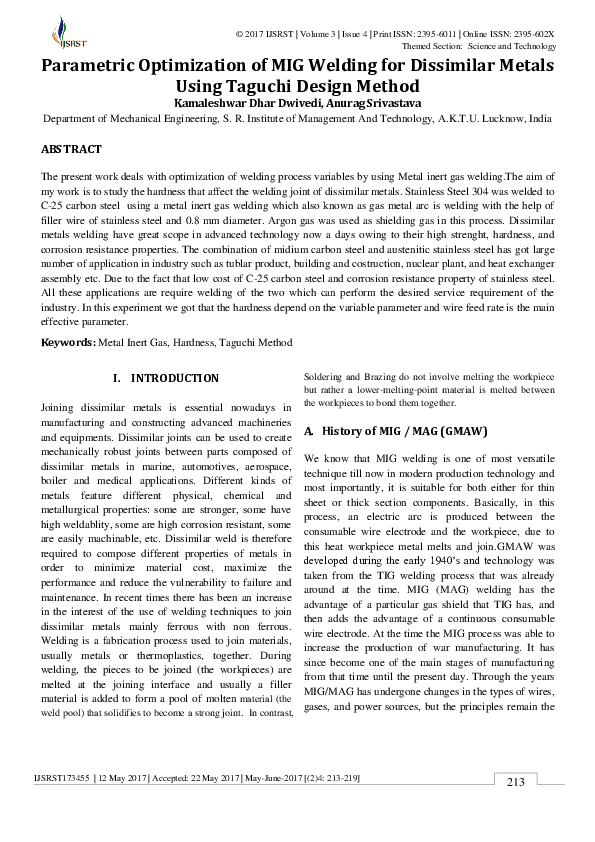 (PDF) Parametric Optimization of MIG Welding for Dissimilar Metals Using Taguchi Design Method