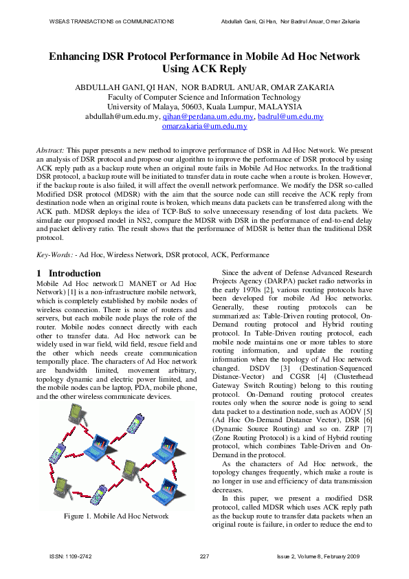 Pdf Enhancing Dsr Protocol Performance In Mobile Ad Hoc Network Using Ack Reply Omar Zakaria