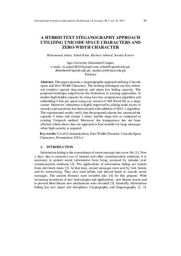 Pdf A Hybrid Text Steganography Approach Utilizing Unicode Space