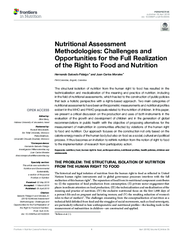 (PDF) Nutritional Assessment Methodologies: Challenges and ...
