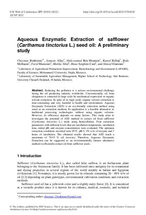 Pdf Aqueous Enzymatic Extraction Of Safflower Carthamus Tinctorius L Seed Oil A