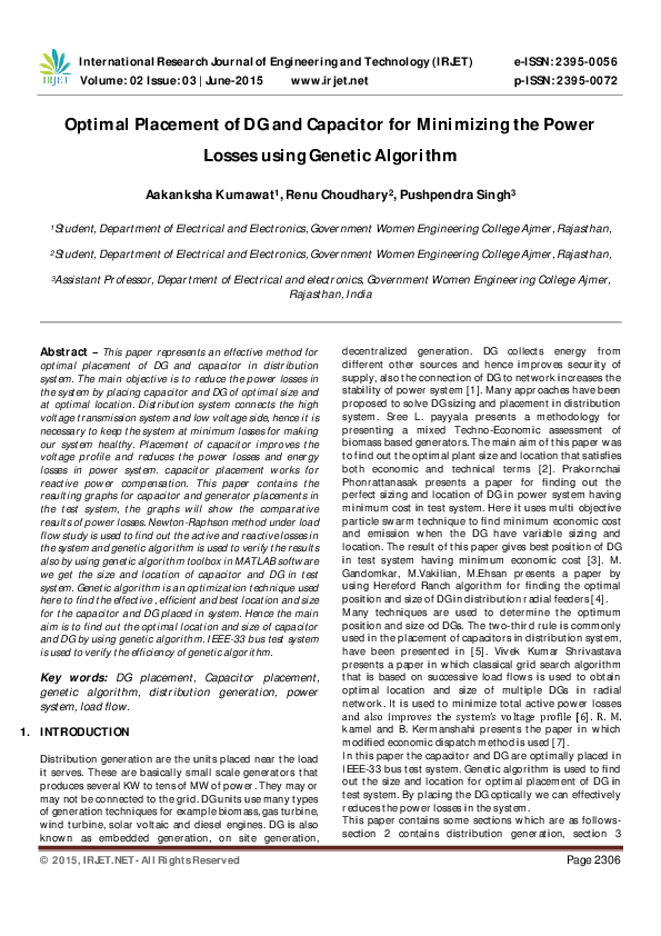 Pdf Optimal Placement Of Dg And Capacitor For Minimizing The Power Losses Using Genetic Algorithm