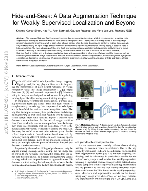 Pdf Hide And Seek A Data Augmentation Technique For Weakly Supervised Localization And Beyond