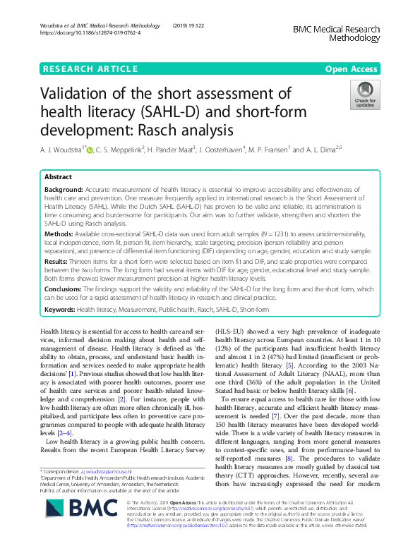 (PDF) Validation of the short assessment of health literacy (SAHL-D ...