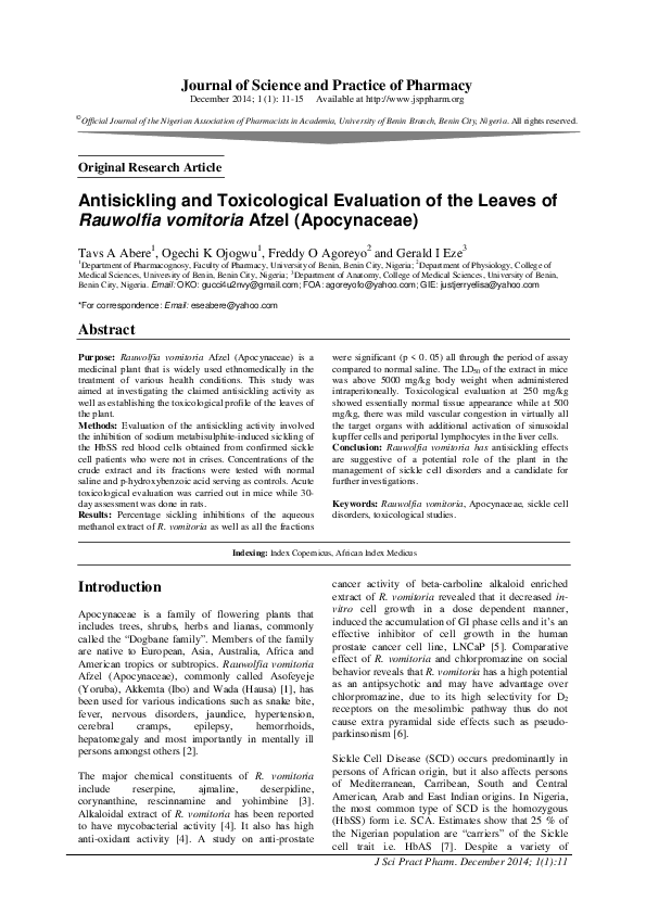 (PDF) Antisickling and Toxicological Evaluation of the Leaves of Rauwolfia vomitoria Afzel ...