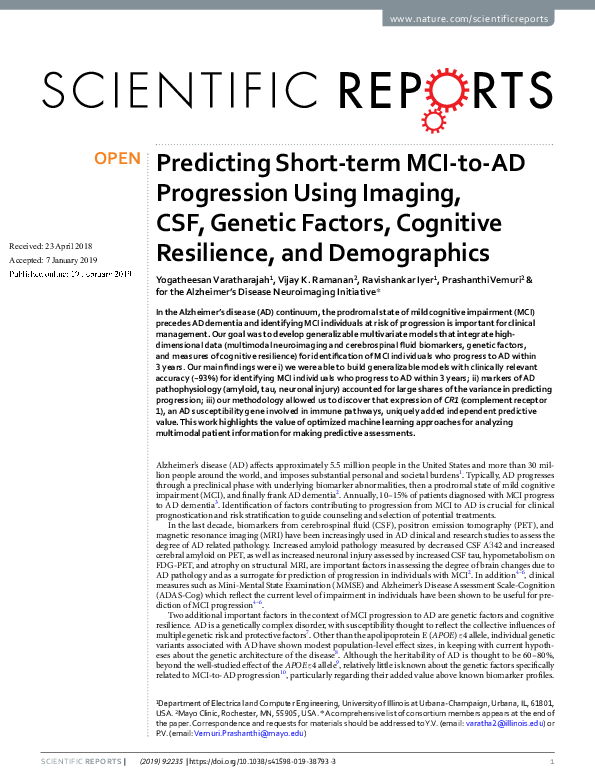 (PDF) Predicting Short-term MCI-to-AD Progression Using Imaging, CSF, Genetic Factors, Cognitive ...