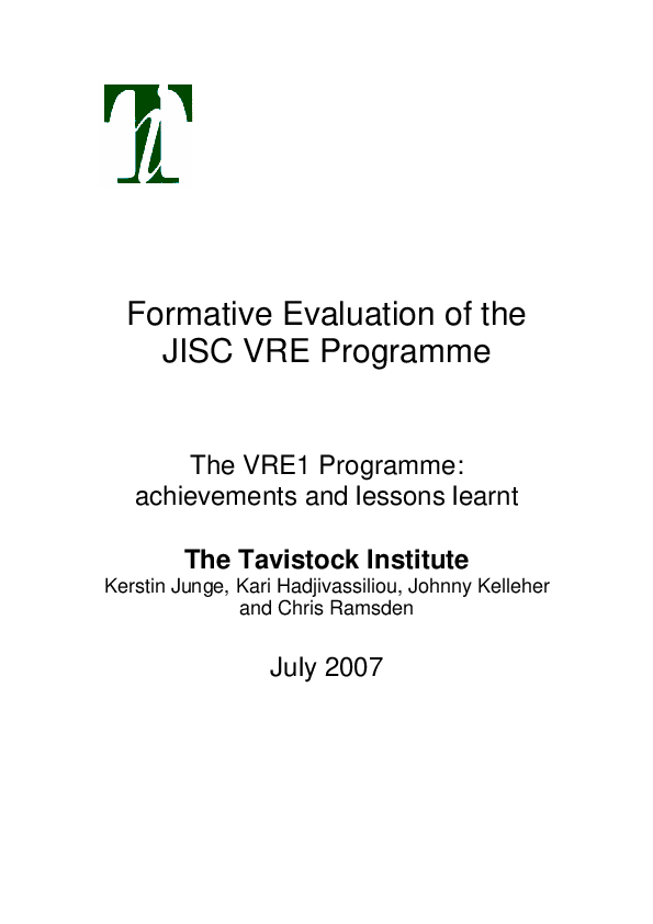 (PDF) Formative Evaluation of the JISC VRE Programme The VRE 1 Programme : achievements and ...