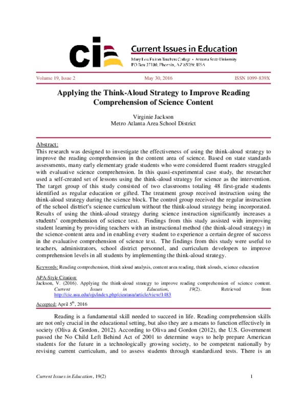 (PDF) Applying the Think-Aloud Strategy to Improve Reading ...