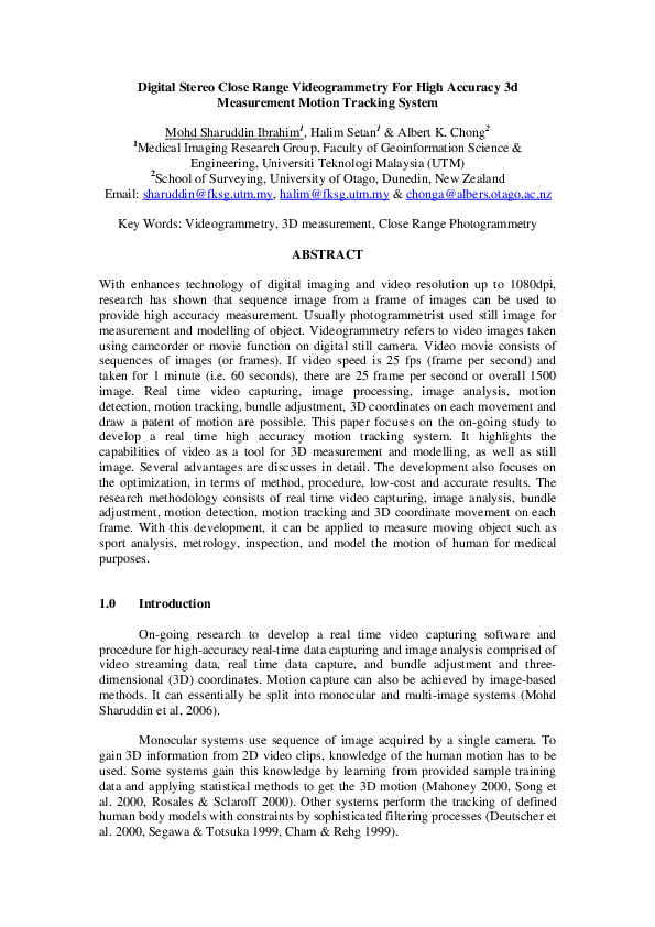 Pdf Digital Stereo Close Range Videogrammetry For High Accuracy 3d Measurement Motion Tracking