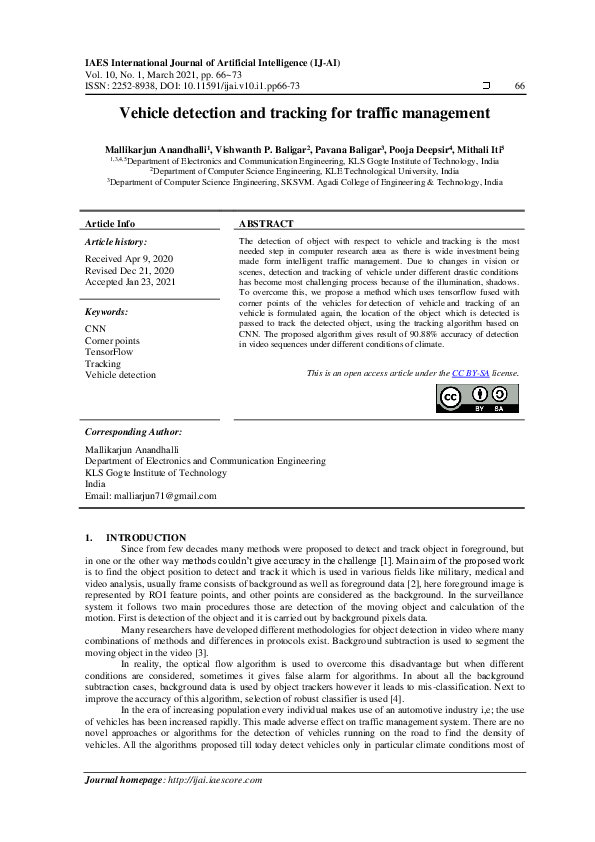 Pdf Vehicle Detection And Tracking For Traffic Management