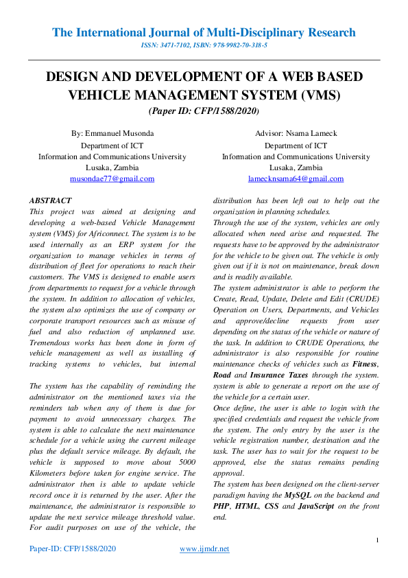(PDF) Design and Development of a Web Based Vehicle Management System (VMS)