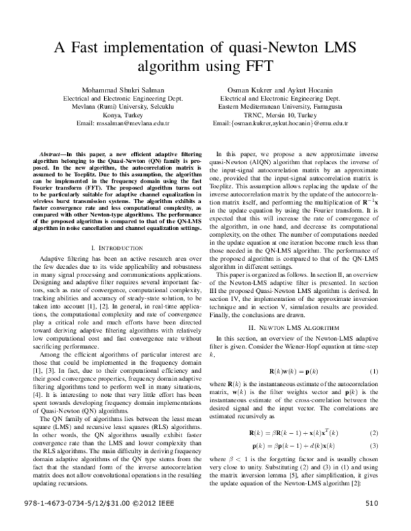 Pdf A Fast Implementation Of Quasi Newton Lms Algorithm Using Fft Mohammad Salman