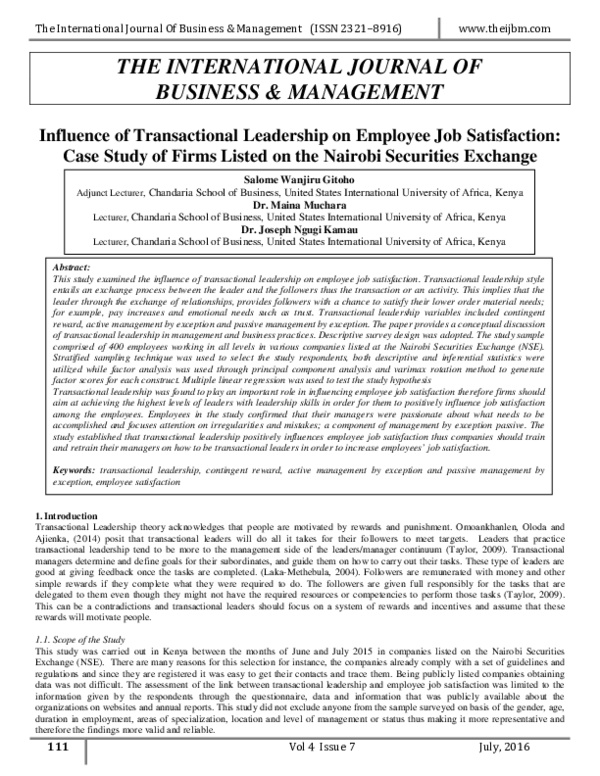 (PDF) Influence of Transactional Leadership on Employee Job Satisfaction: Case Study of Firms ...