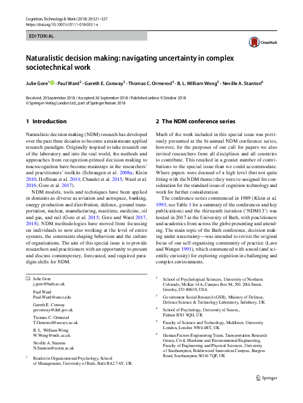 (PDF) Naturalistic decision making: navigating uncertainty in complex ...