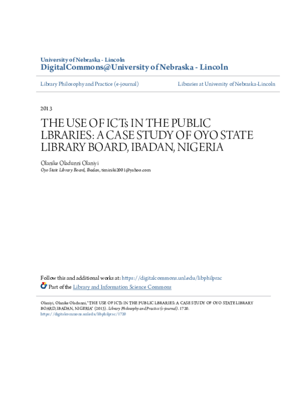 (PDF) THE USE OF ICTs IN THE PUBLIC LBRARIES: A CASE STUDY OF OYO STATE ...