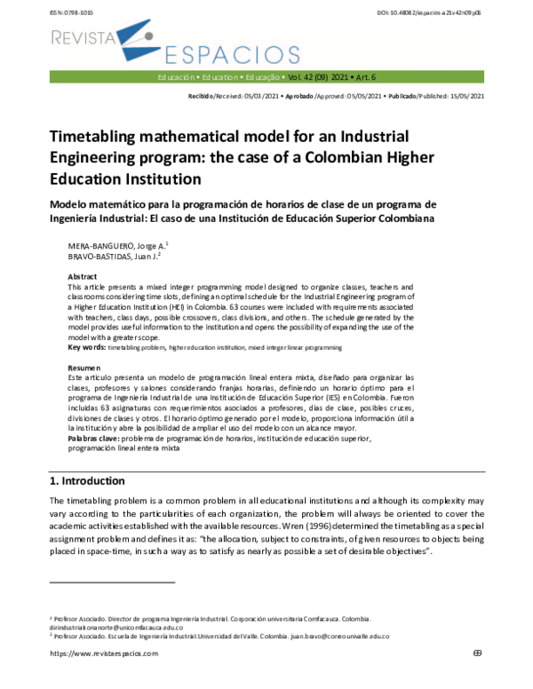 (PDF) Timetabling mathematical model for an Industrial Engineering ...