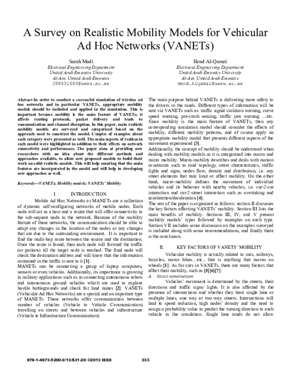 Pdf A Survey On Realistic Mobility Models For Vehicular Ad Hoc