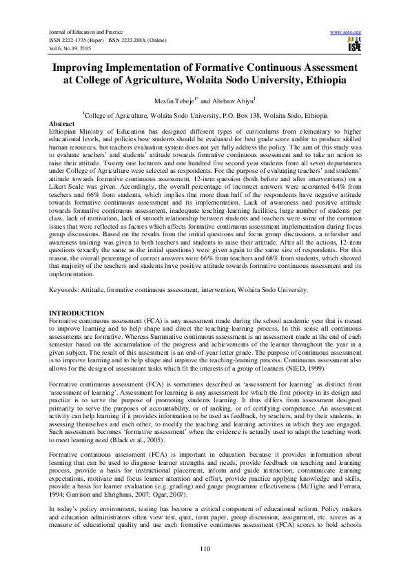 (PDF) Improving Implementation of Formative Continuous Assessment at ...