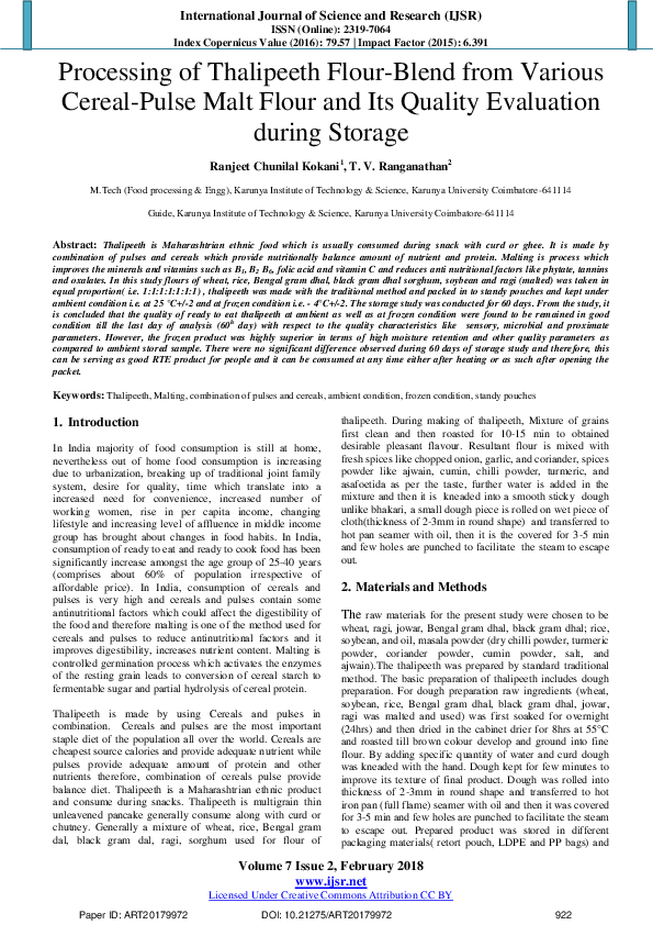 (PDF) Processing of Thalipeeth Flour-Blend from Various Cereal-Pulse Malt Flour and Its Quality ...