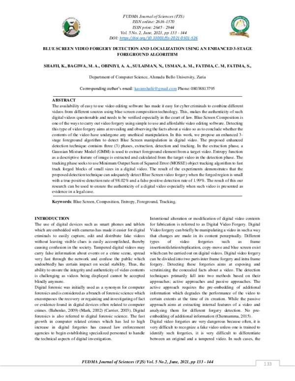 Pdf Blue Screen Video Forgery Detection And Localization Using An Enhanced 3 Stage Foreground