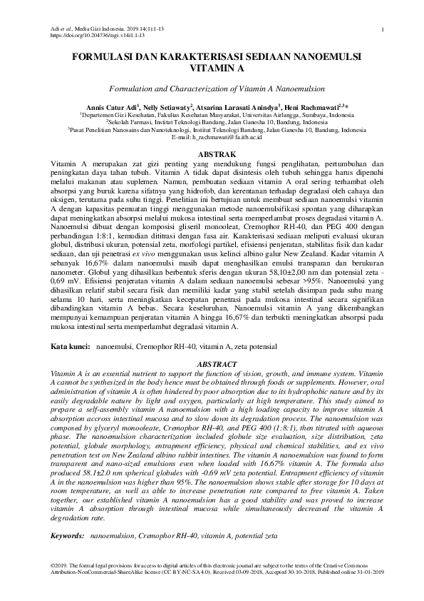 (PDF) FORMULASI DAN KARAKTERISASI SEDIAAN NANOEMULSI VITAMIN A ...