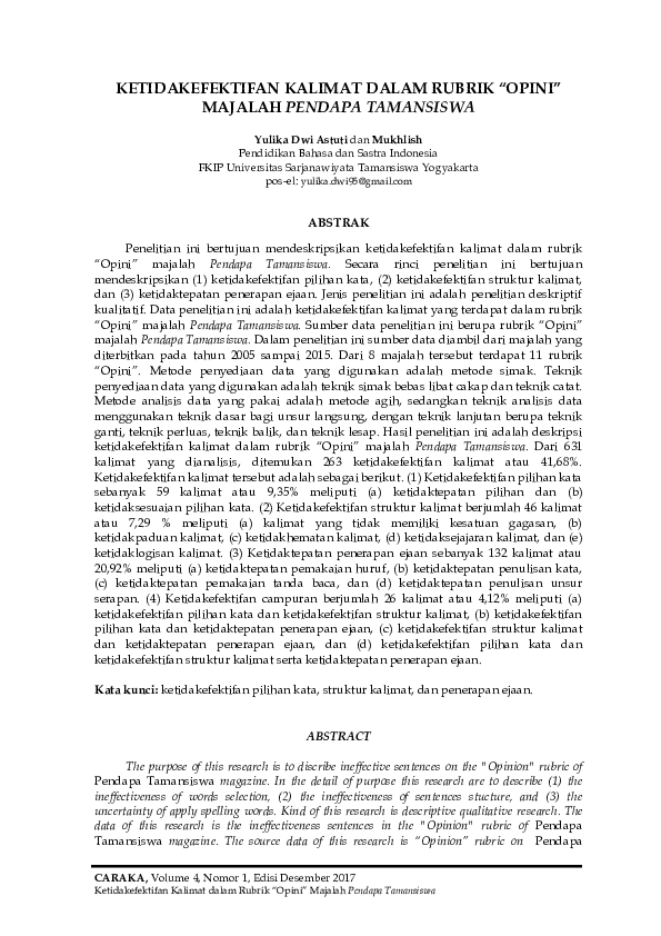 (PDF) Ketidakefektifan Kalimat Dalam Rubrik "Opini" Majalah Pendapa ...